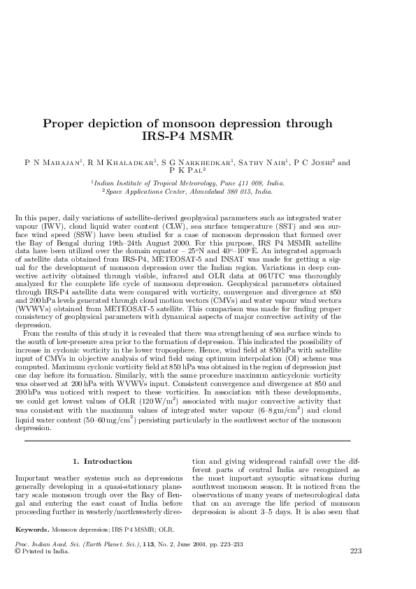 (PDF) Proper depiction of monsoon depression through IRS-P4 MSMR
