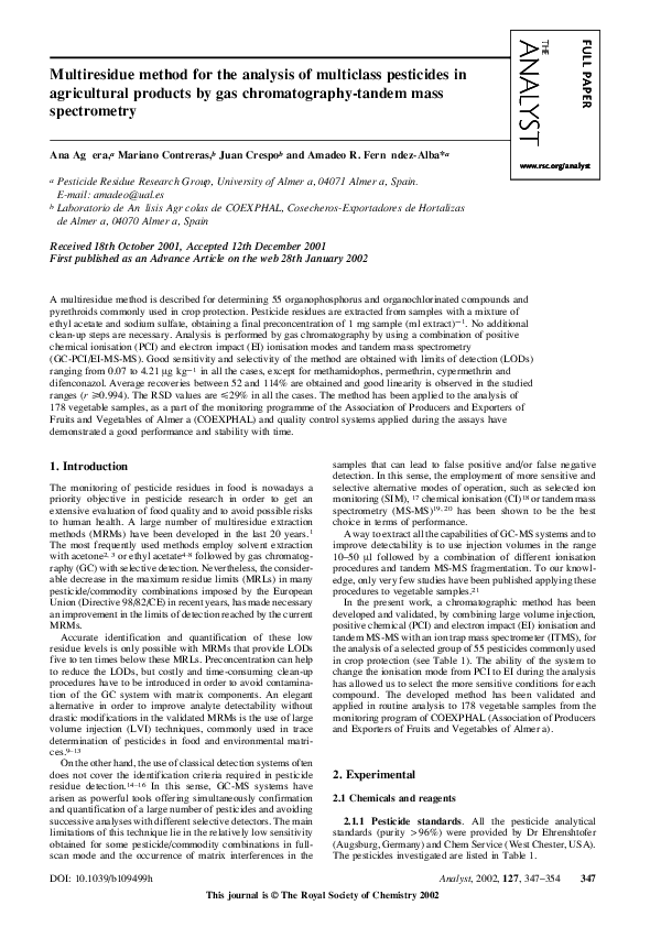 (PDF) Multiresidue method for the analysis of multiclass pesticides in agricultural products by ...