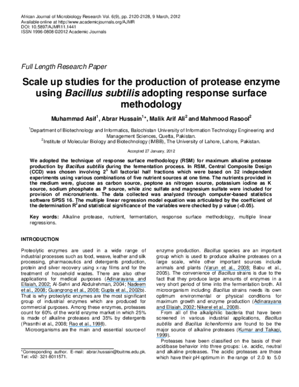 (PDF) Scale up studies for the production of protease enzyme using ...
