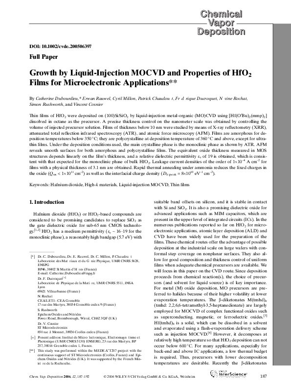 (PDF) Growth by Liquid-Injection MOCVD and Properties of HfO2 Films for ...