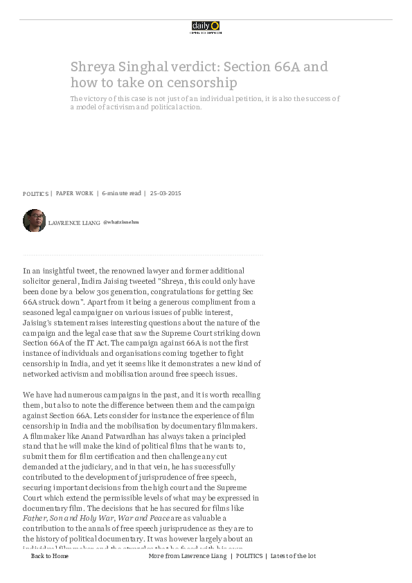 (PDF) Shreya Singhal verdict: Section 66A and how to take on censorship