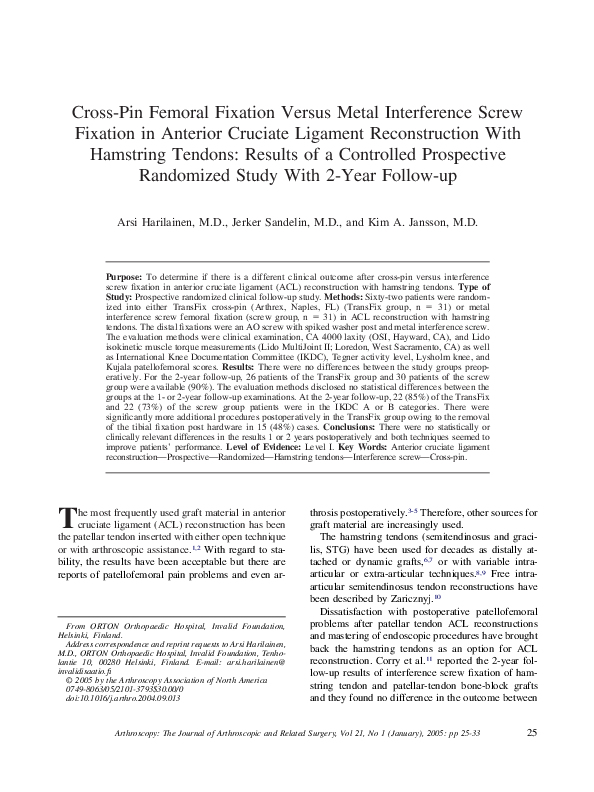 (PDF) Cross-pin femoral fixation versus metal interference screw ...