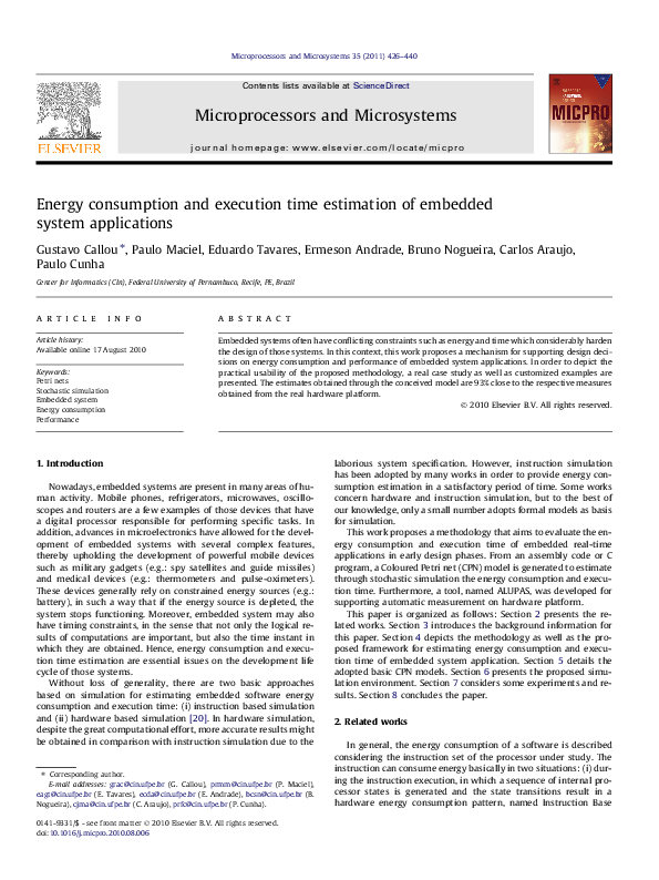 Pdf Energy Consumption And Execution Time Estimation Of Embedded System Applications
