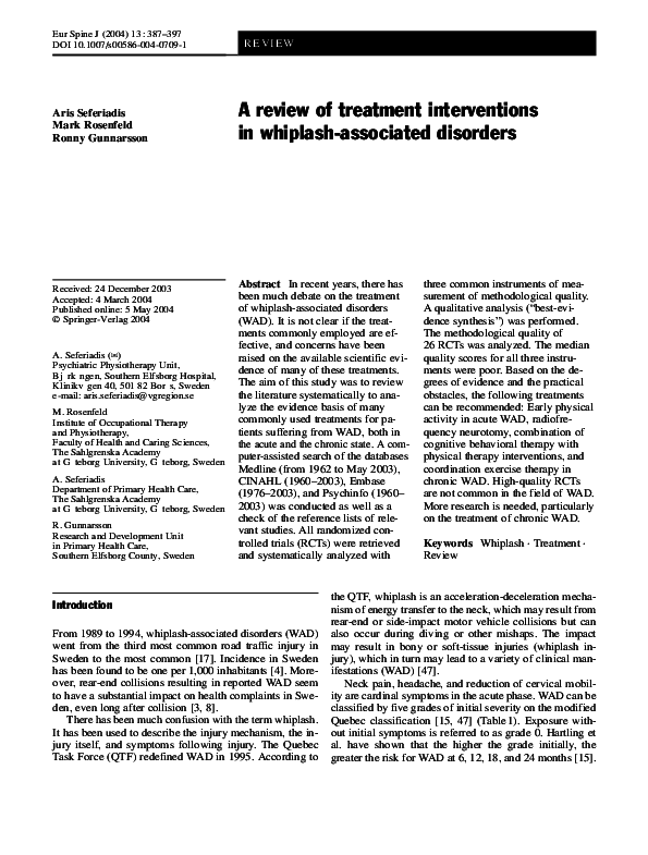 (PDF) A review of treatment interventions in whiplash-associated disorders