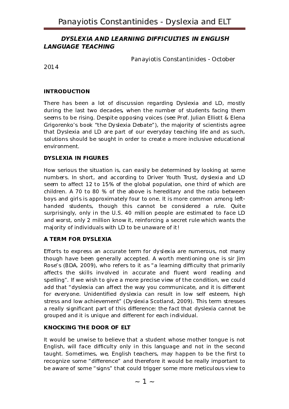 (DOC) Dyslexia and Learning Difficulties in English Language Teaching