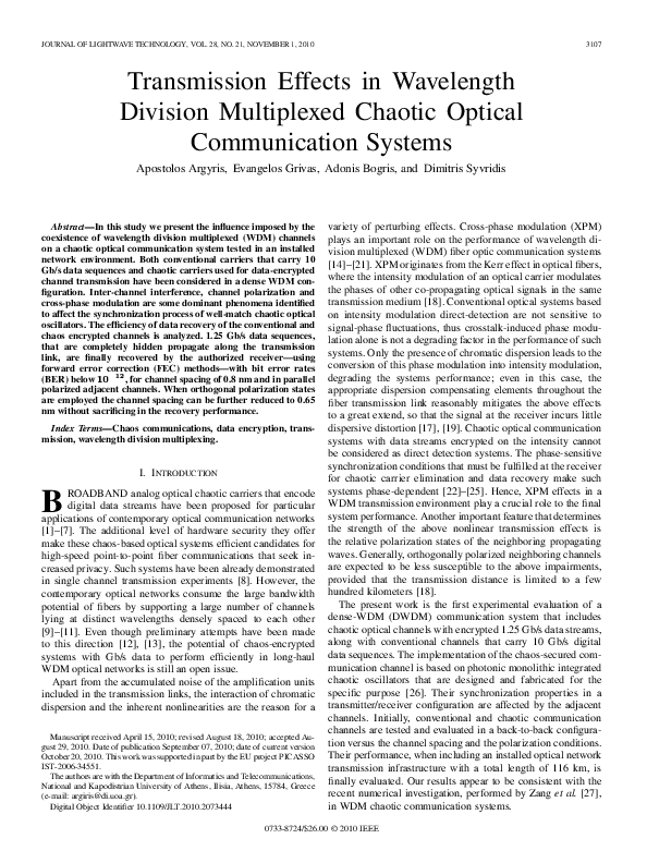 (PDF) Transmission Effects in Wavelength Division Multiplexed Chaotic Optical Communication Systems