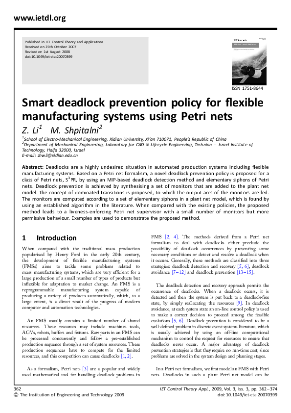 (PDF) Smart deadlock prevention policy for flexible manufacturing systems using Petri nets