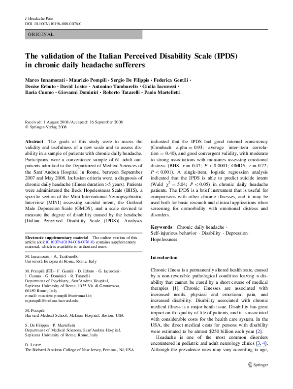 (PDF) The validation of the Italian Perceived Disability Scale (IPDS) in chronic daily headache ...