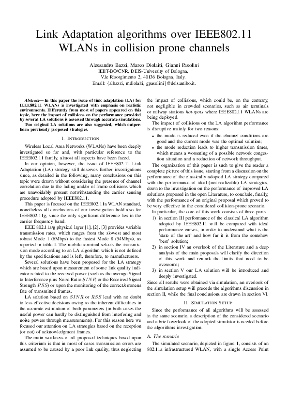 (PDF) Link Adaptation algorithms over IEEE8O2.11 WLANs in collision prone channels