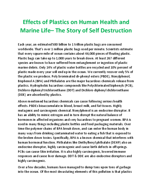 (PDF) Effects of Plastics on Human Health and Marine Life– The Story of ...