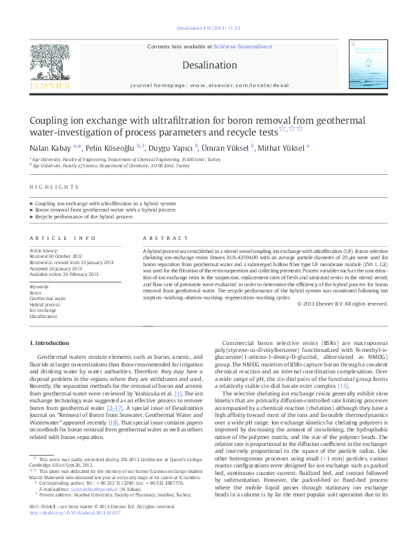 (PDF) Coupling ion exchange with ultrafiltration for boron removal from ...