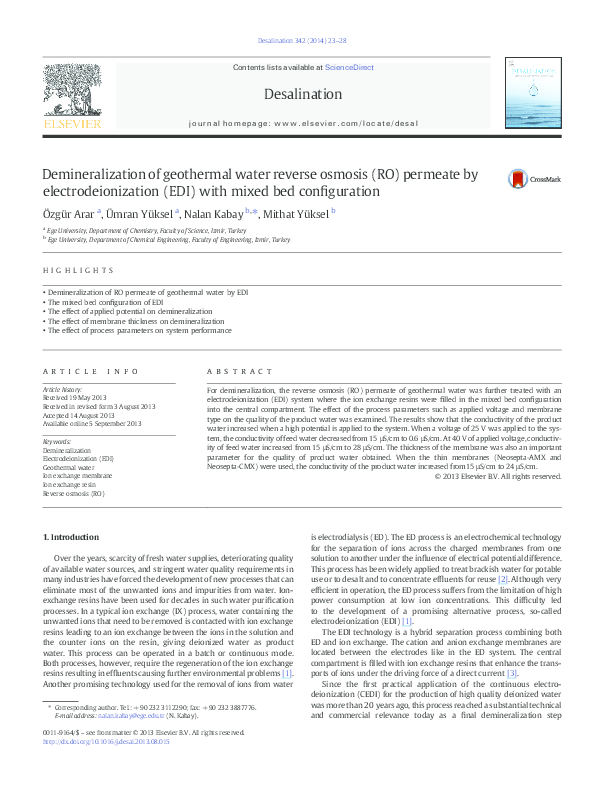 (PDF) Demineralization of geothermal water reverse osmosis (RO ...