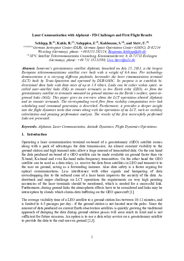 (PDF) Laser Communication with Alphasat - FD Challenges and First Flight Results