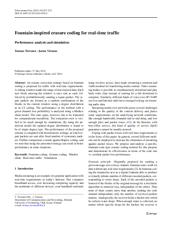 (PDF) Fountain-inspired erasure coding for real-time traffic