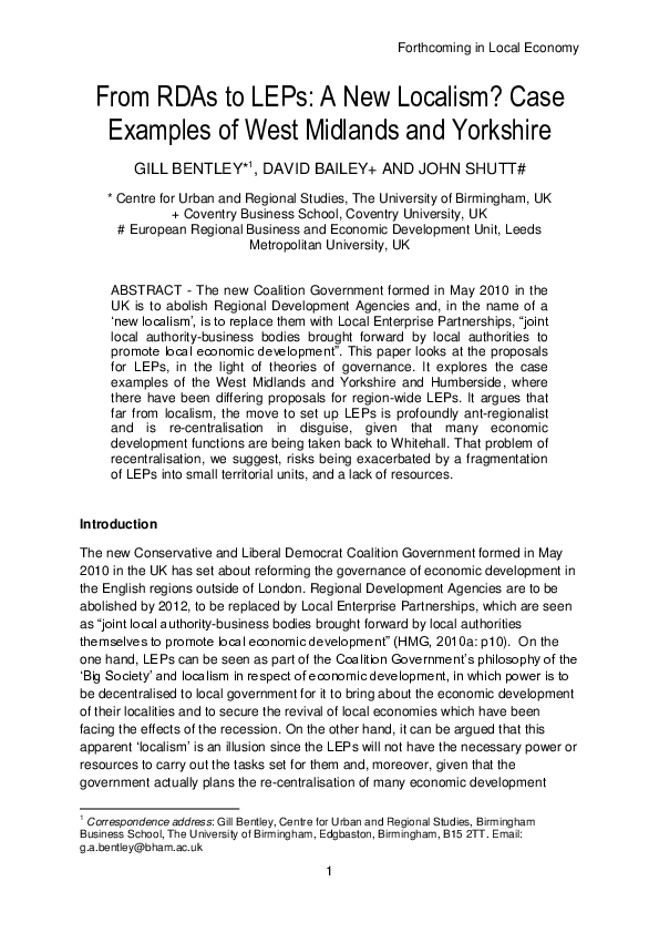 (PDF) From RDAs to LEPs: A New Localism? Case Examples of West Midlands ...