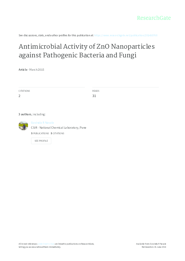 (PDF) Antimicrobial Activity of ZnO Nanoparticles against Pathogenic Bacteria and Fungi