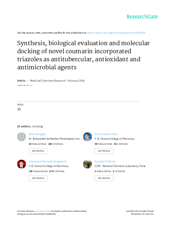 (PDF) Synthesis, biological evaluation and molecular docking of novel coumarin incorporated ...