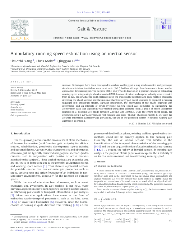 (PDF) Ambulatory running speed estimation using an inertial sensor