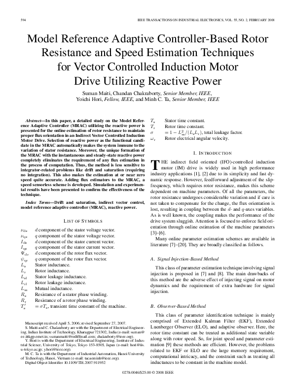 (PDF) Model Reference Adaptive Controller-Based Rotor Resistance and Speed Estimation Techniques ...