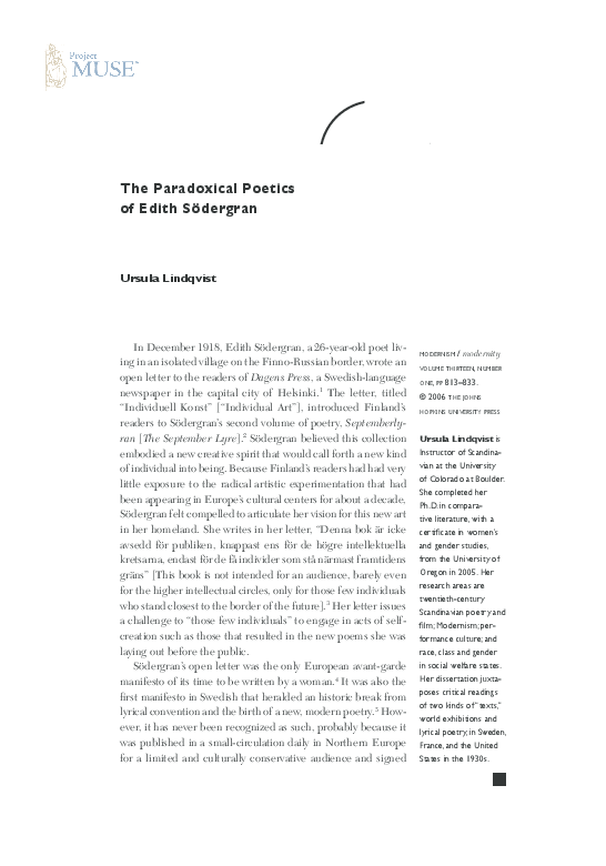 (PDF) The Paradoxical Poetics of Edith Sodergran