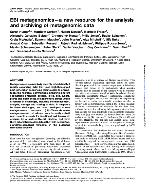 (PDF) EBI metagenomics - A new resource for the analysis and archiving of metagenomic data