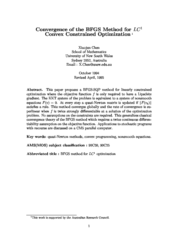 Pdf Convergence Of The Bfgs Method For Lc 1 Convex Constrained