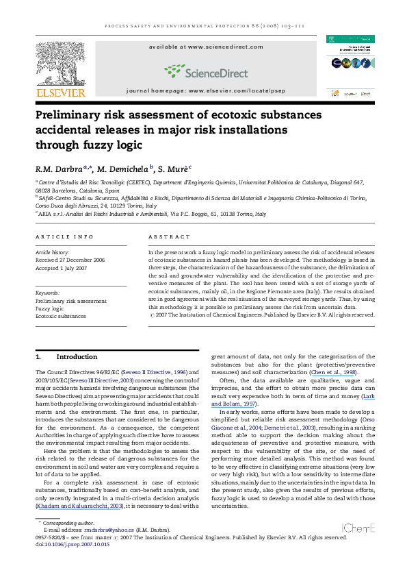 (PDF) Preliminary risk assessment of ecotoxic substances accidental ...