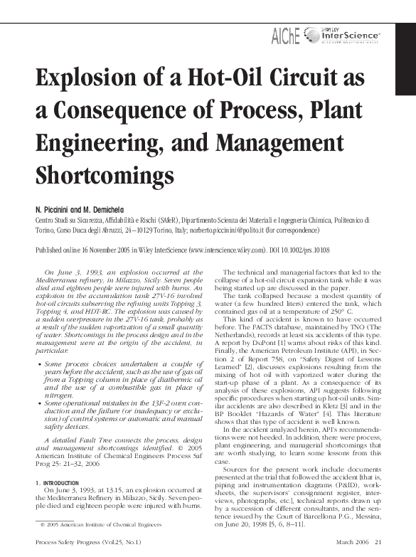 (PDF) Explosion of a hot-oil circuit as a consequence of process, plant ...