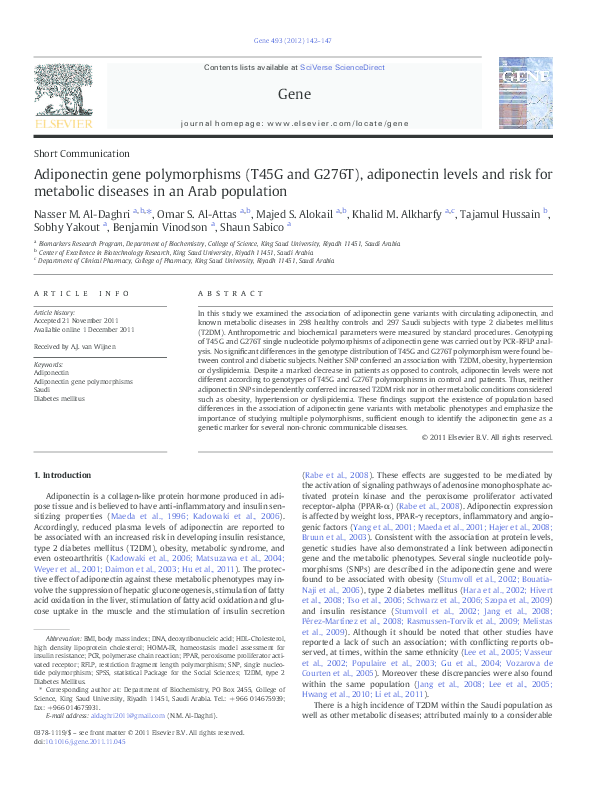 (PDF) Adiponectin gene polymorphisms (T45G and G276T), adiponectin levels and risk for metabolic ...