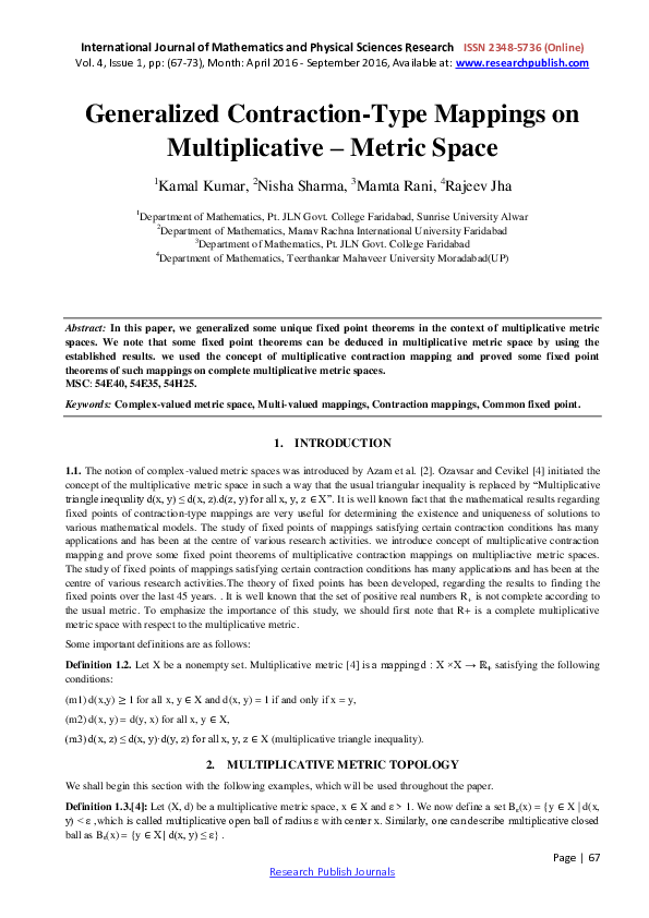 (PDF) Generalized Contraction-Type Mappings on Multiplicative – Metric Space