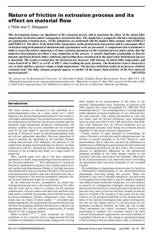 (PDF) Nature of friction in the extrusion process and its effect on ...
