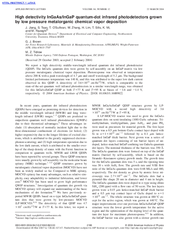 (PDF) High detectivity InGaAs/InGaP quantum-dot infrared photodetectors ...