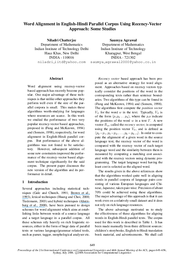 (PDF) Word alignment in English-Hindi parallel corpus using recency ...