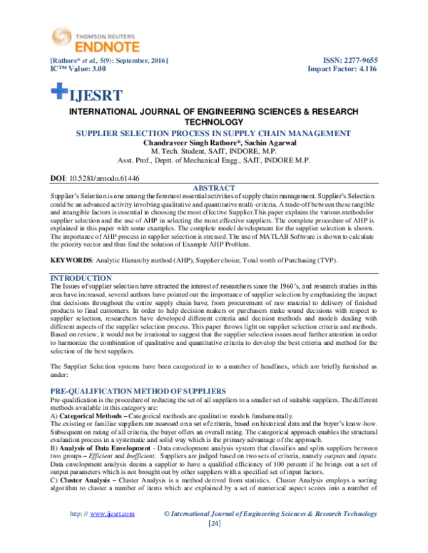 Pdf Supplier Selection Process In Supply Chain Management