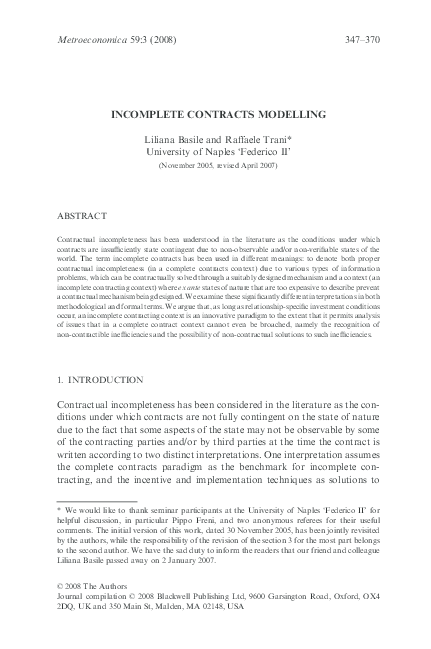 (PDF) INCOMPLETE CONTRACTS MODELLING