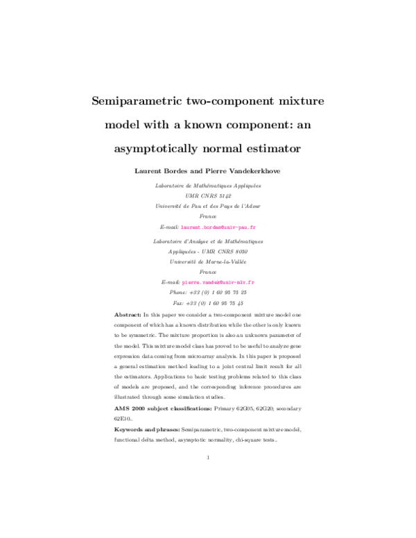 Pdf Semiparametric Two Component Mixture Model With A Known Component An Asymptotically