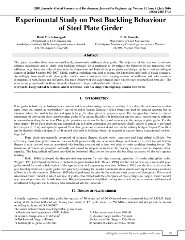 (PDF) Experimental Study on Post Buckling Behaviour of Steel Plate Girder