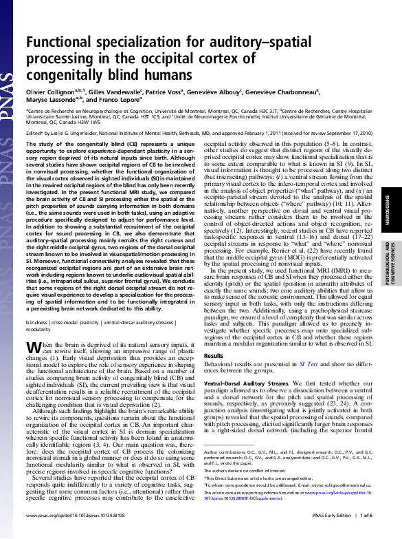 (PDF) Functional specialization for auditory-spatial processing in the occipital cortex of ...