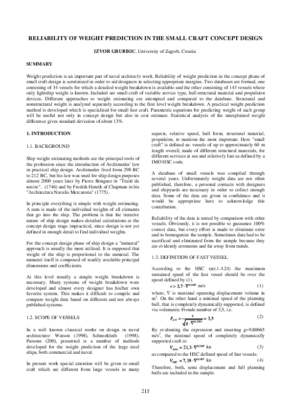 (PDF) Reliability of Weight Prediction in the Small Craft Concept Design