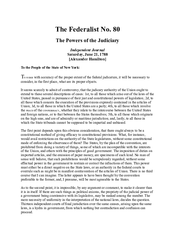 (DOC) The Federalist No. 80