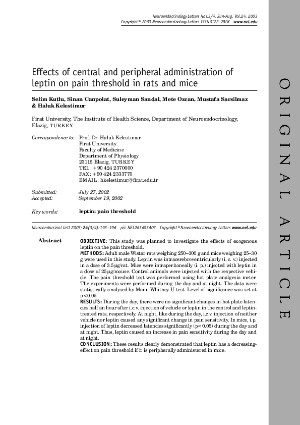 (PDF) Effects of central and peripheral administration of leptin on ...