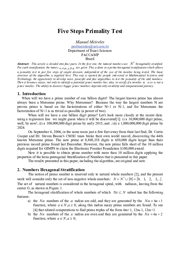 (PDF) Five Steps Primality Test