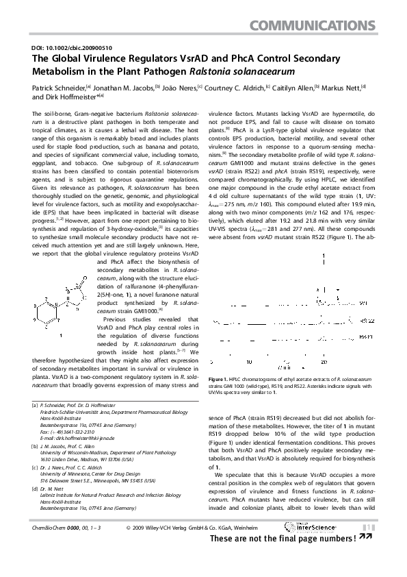 (PDF) The Global Virulence Regulators VsrAD and PhcA Control Secondary ...