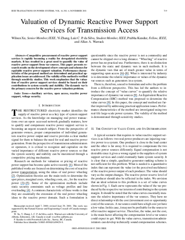(PDF) Valuation of dynamic reactive power support services for ...