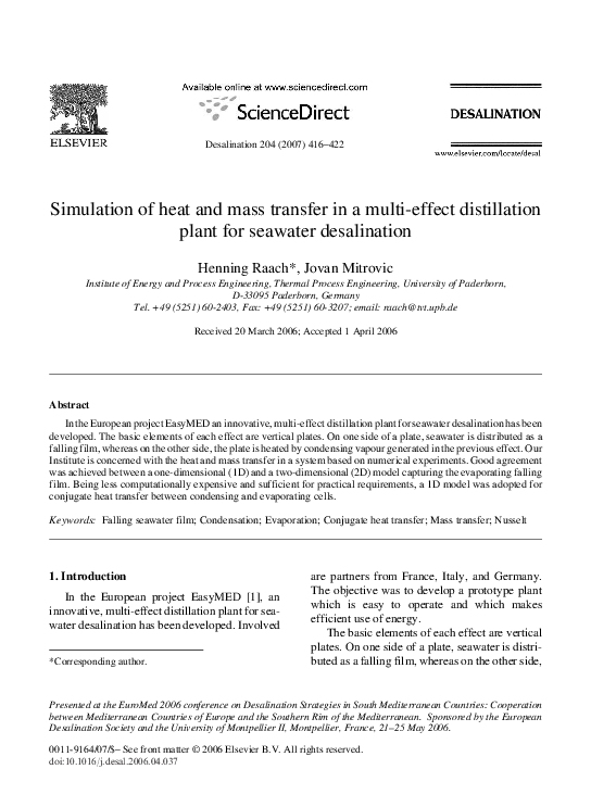 (PDF) Simulation of heat and mass transfer in a multi-effect distillation plant for seawater ...