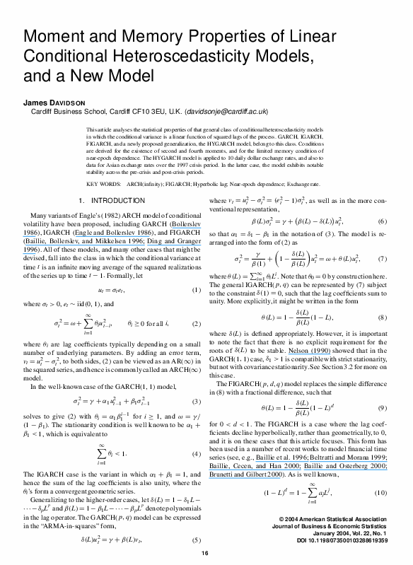 (PDF) Moment and Memory Properties of Linear Conditional Heteroscedasticity Models, and a New Model