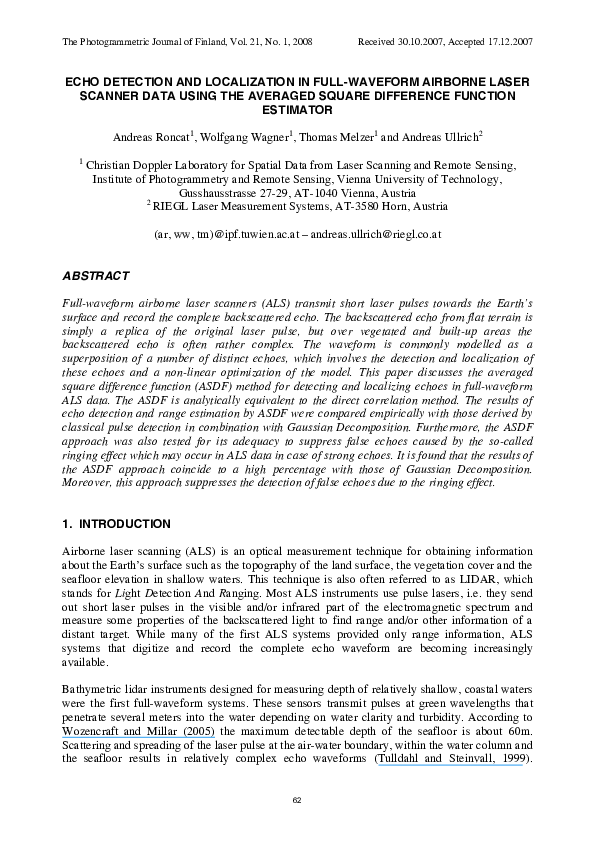 (PDF) Echo detection and localization in full-waveform airborne laser scanner data using the ...