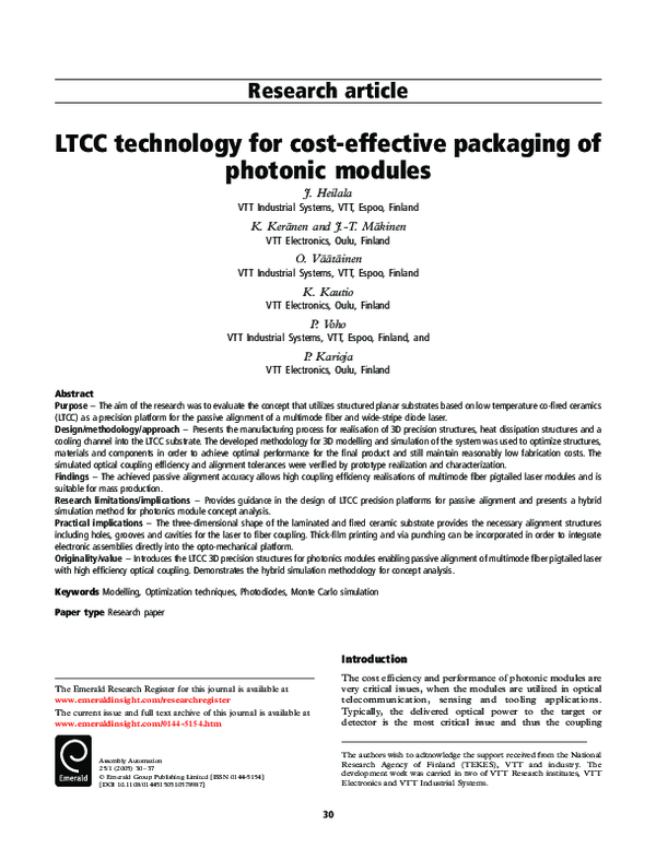(PDF) LTCC technology for cost-effective packaging of photonic modules