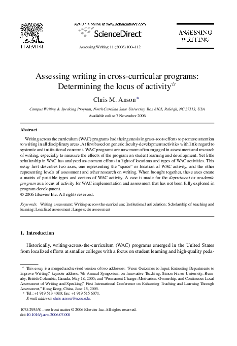 (PDF) Assessing writing in cross-curricular programs: Determining the ...