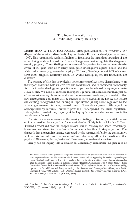 (PDF) The Road from Westray: A Predictable Path to Disaster?